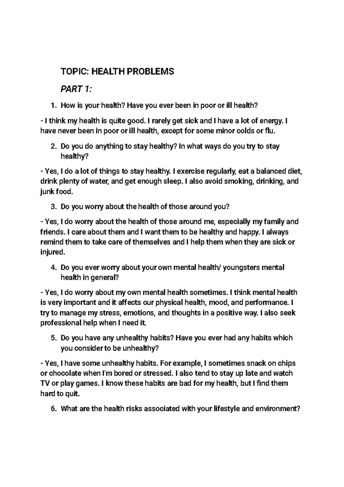 Speaking 2 - Topic Health Problems - TOPIC: HEALTH PROBLEMS PART 1 ...