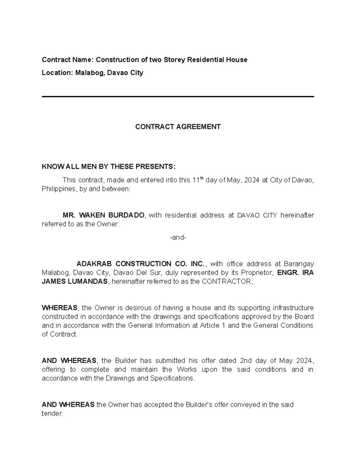 Contract- Agreement - Contract Name: Construction of two Storey ...