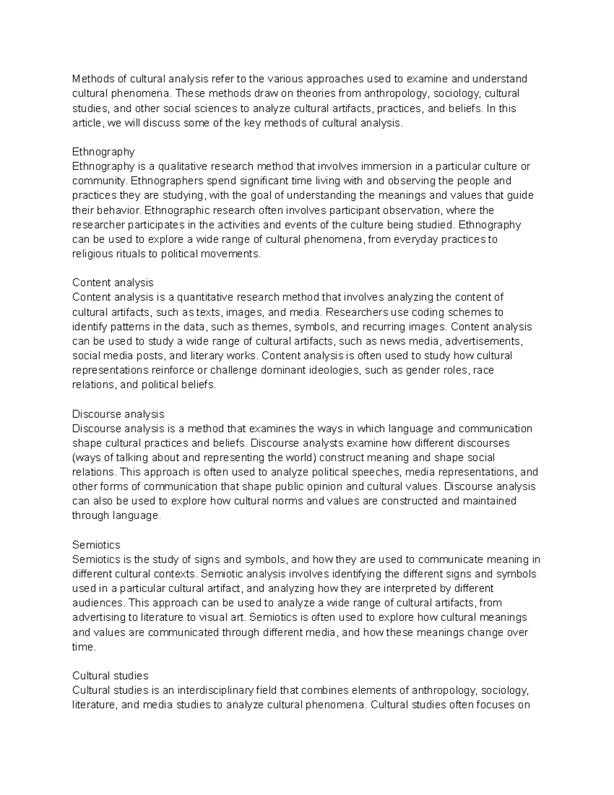 Methods of cultural analysis - These methods draw on theories from ...