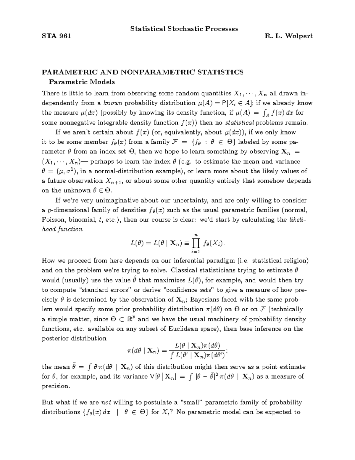 Lecture notes, lectures 1-7 - STA 961 Statistical Stochastic Processes ...