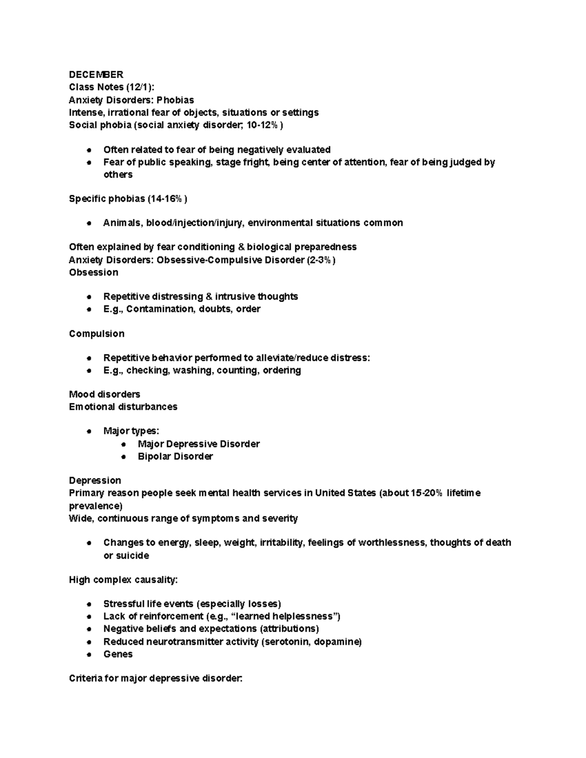 Psy 101 (Class Notes DEC) - DECEMBER Class Notes (12/1): Anxiety ...