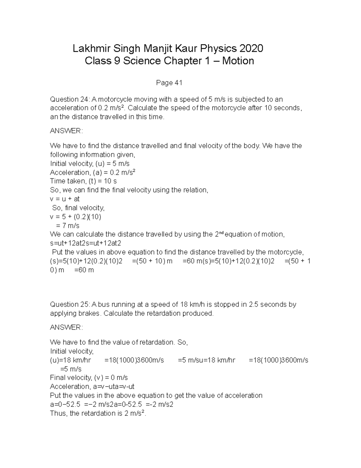 Class 9 Science Chapter 1 – Motion page 41 - Lakhmir Singh Manjit Kaur ...