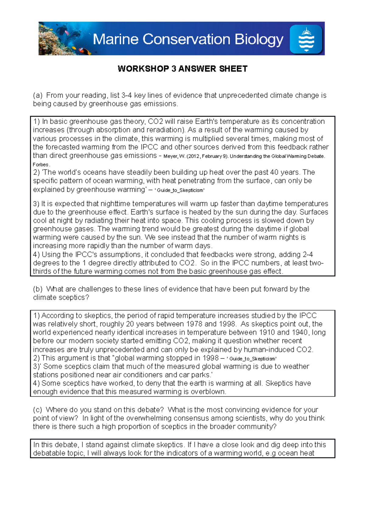 Marine conservation biology assignment 11 - WORKSHOP 3 ANSWER SHEET (a ...