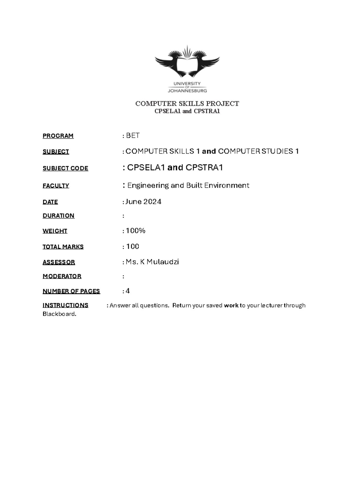 Computer Project Assignment 2024 - COMPUTER SKILLS PROJECT CPSELA1 and ...