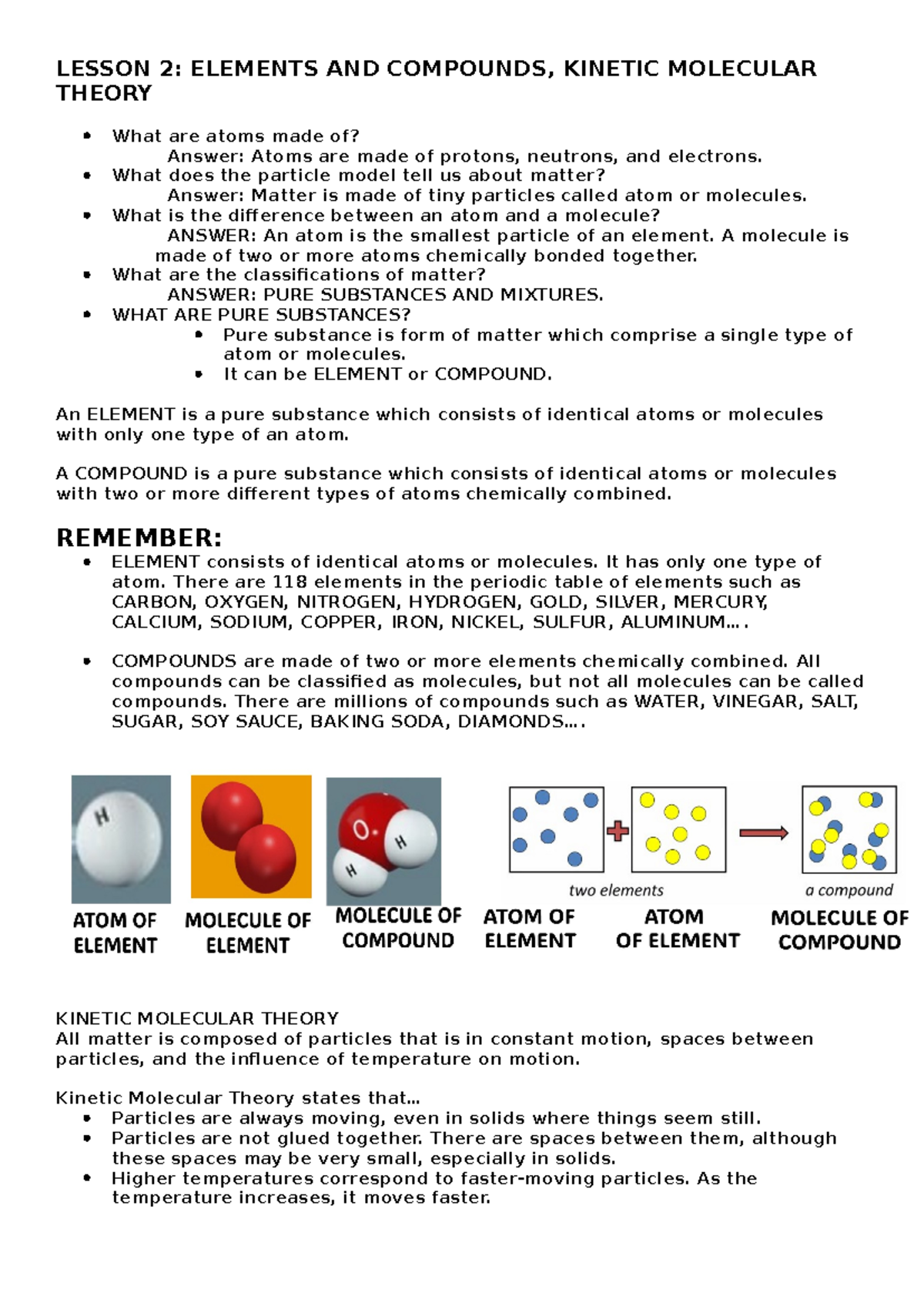 Lesson 2 Study Guide - LESSON 2: ELEMENTS AND COMPOUNDS, KINETIC ...