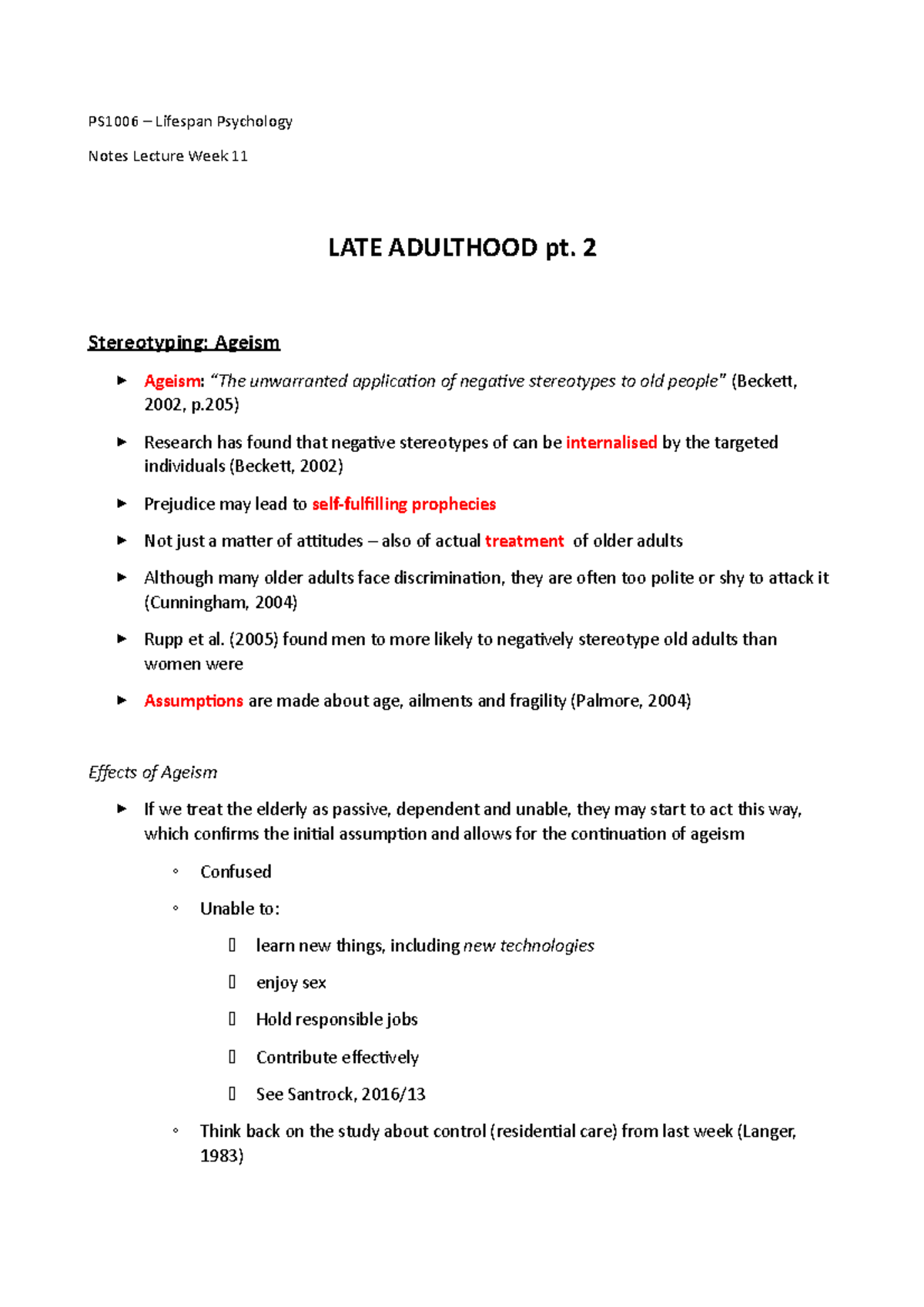 Late Adulthood pt.2 - Lecture 11 - PS1006 – Lifespan Psychology Notes ...