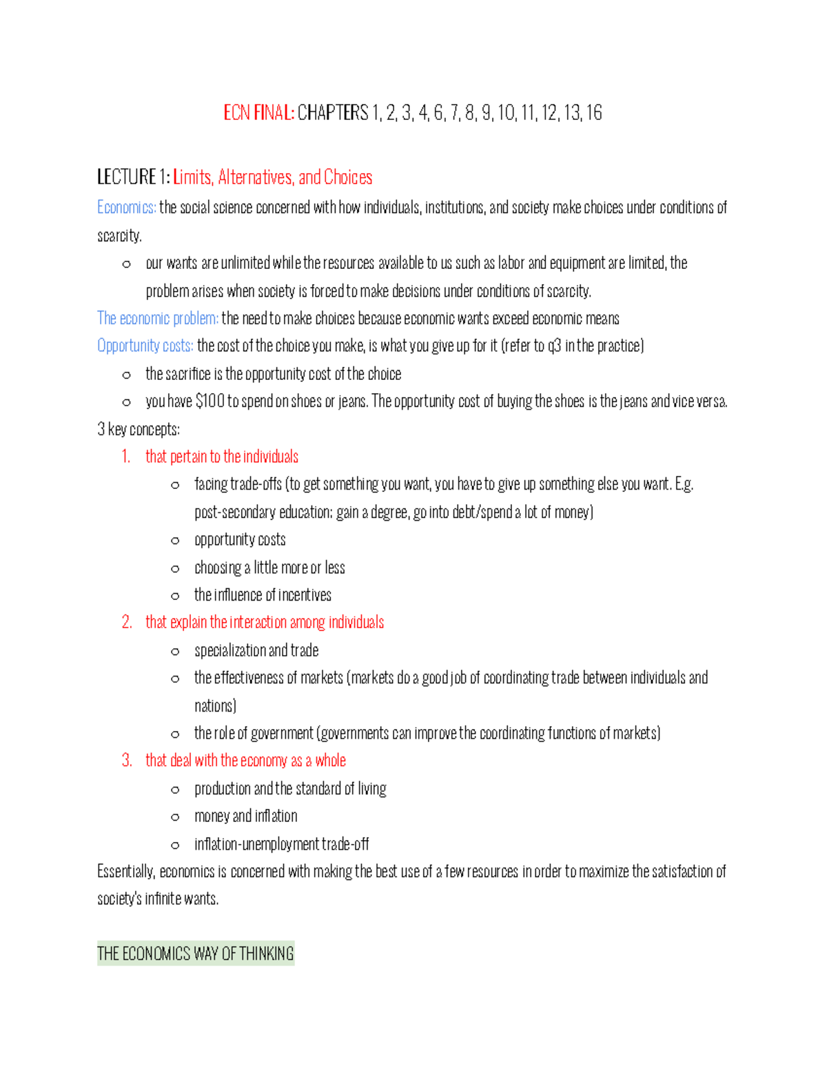 Ecn104 exam - ECN FINAL:CHAPTERS 1, 2, 3, 4, 6, 7, 8, 9, 10, 11, 12, 13, 16 LECTURE 1:Limits ...