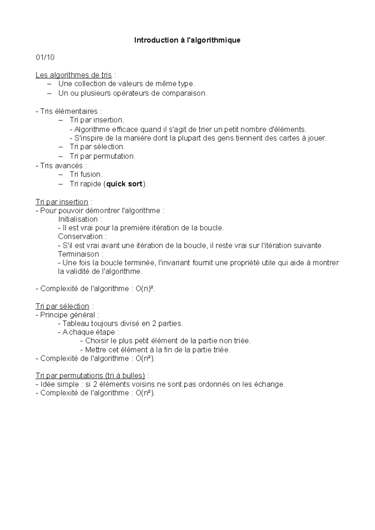 Introduction algorithmique 01 10 - Introduction à l'algorithmique 01/ Les algorithmes de tris ...