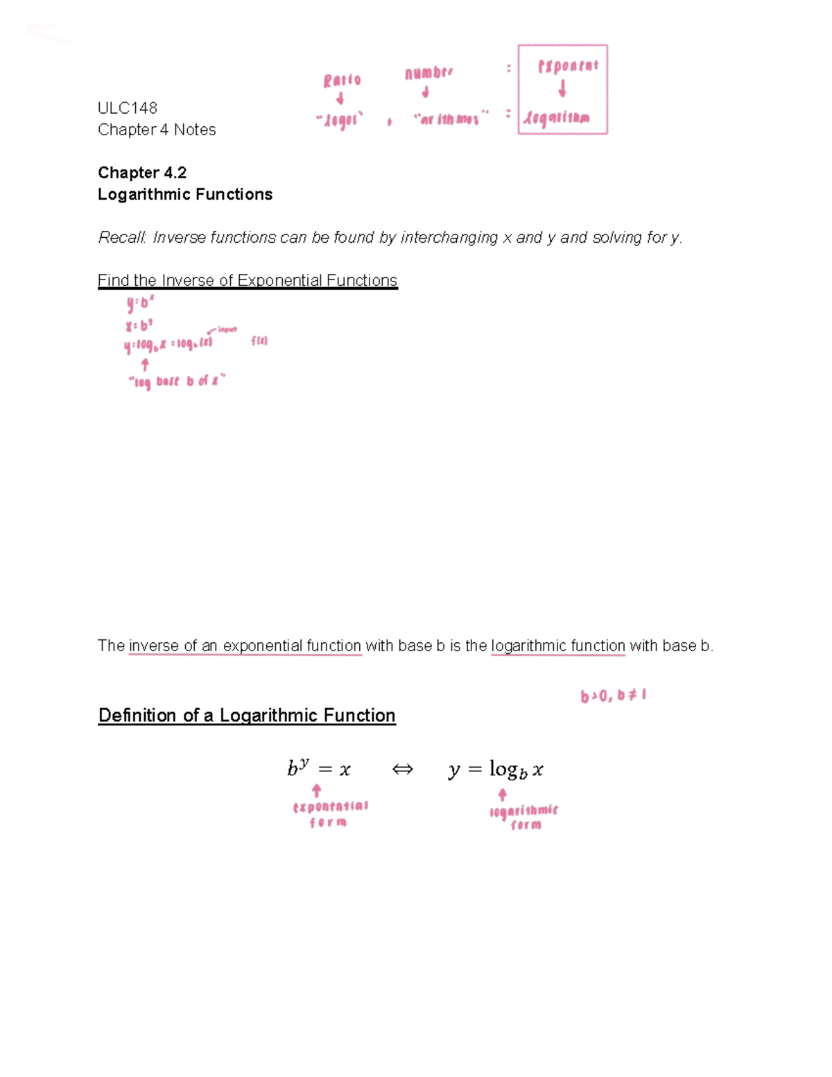 ULC148Ch4 - ch 4.2 notes - ULC Chapter 4 Notes Chapter 4. Logarithmic ...
