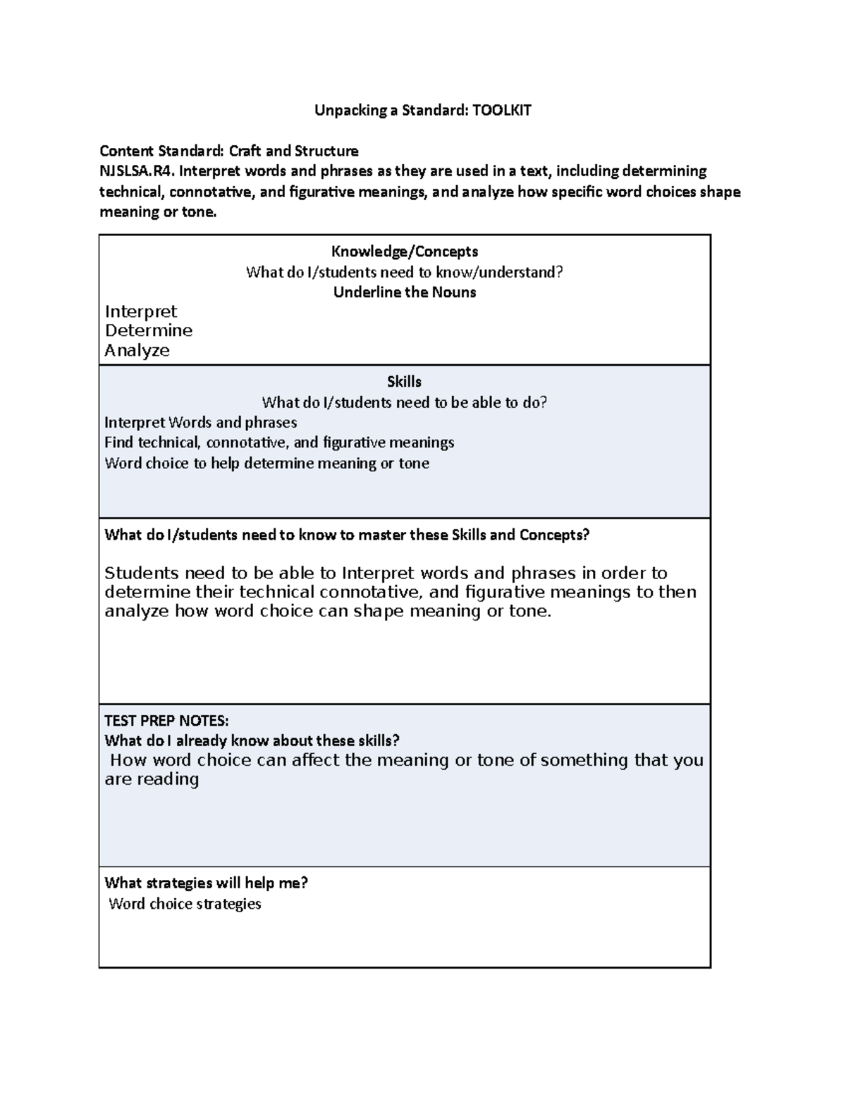 Toolkit N - Unpacking a Standard: TOOLKIT Content Standard: Craft and ...