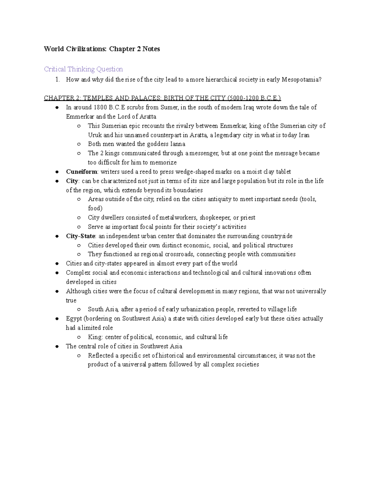 Week 1 CH 2 - These notes cover the temples and palaces that birthed ...