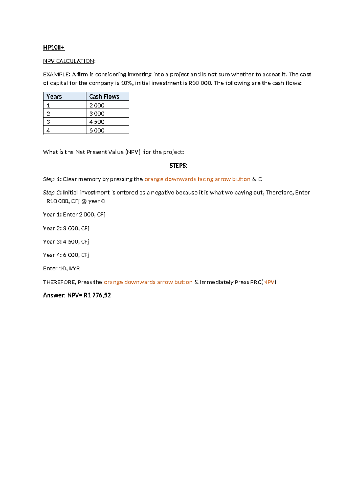 HP10II Example NPV - it is important to make use of practise materials ...