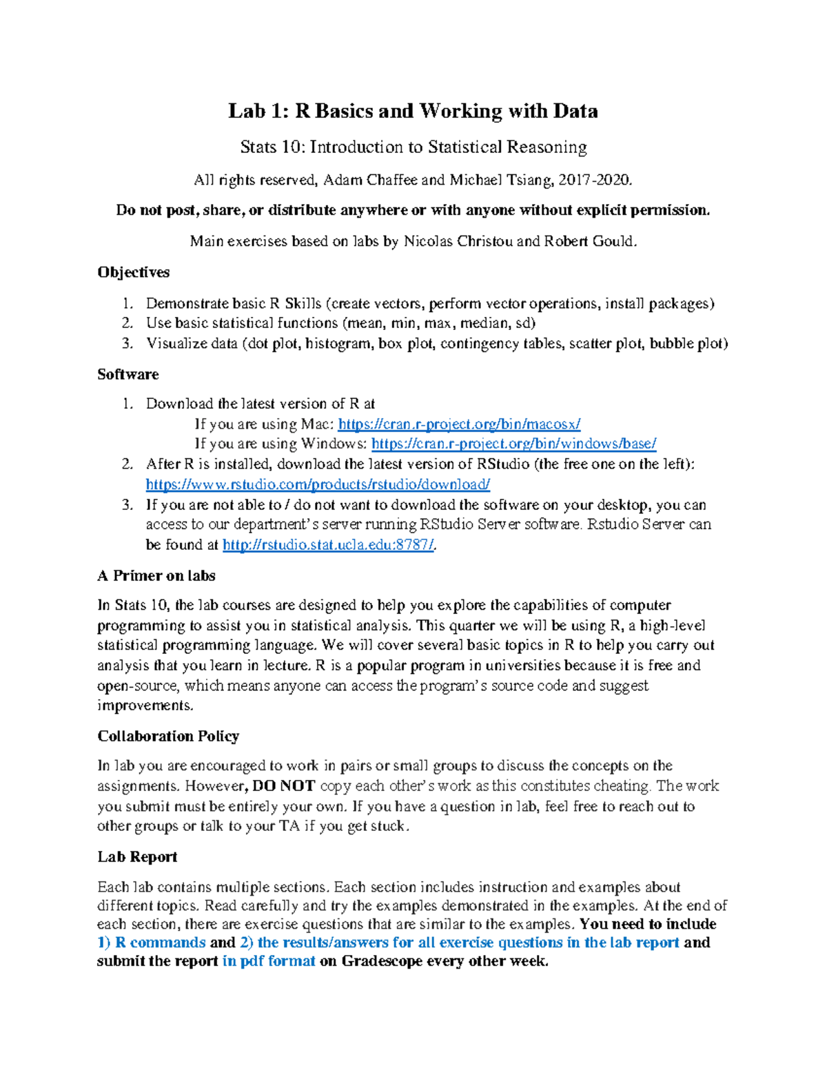 Stats 10 Lab 1 F2023 - IB Resume - Lab 1: R Basics and Working with Data Stats 10: Introduction ...