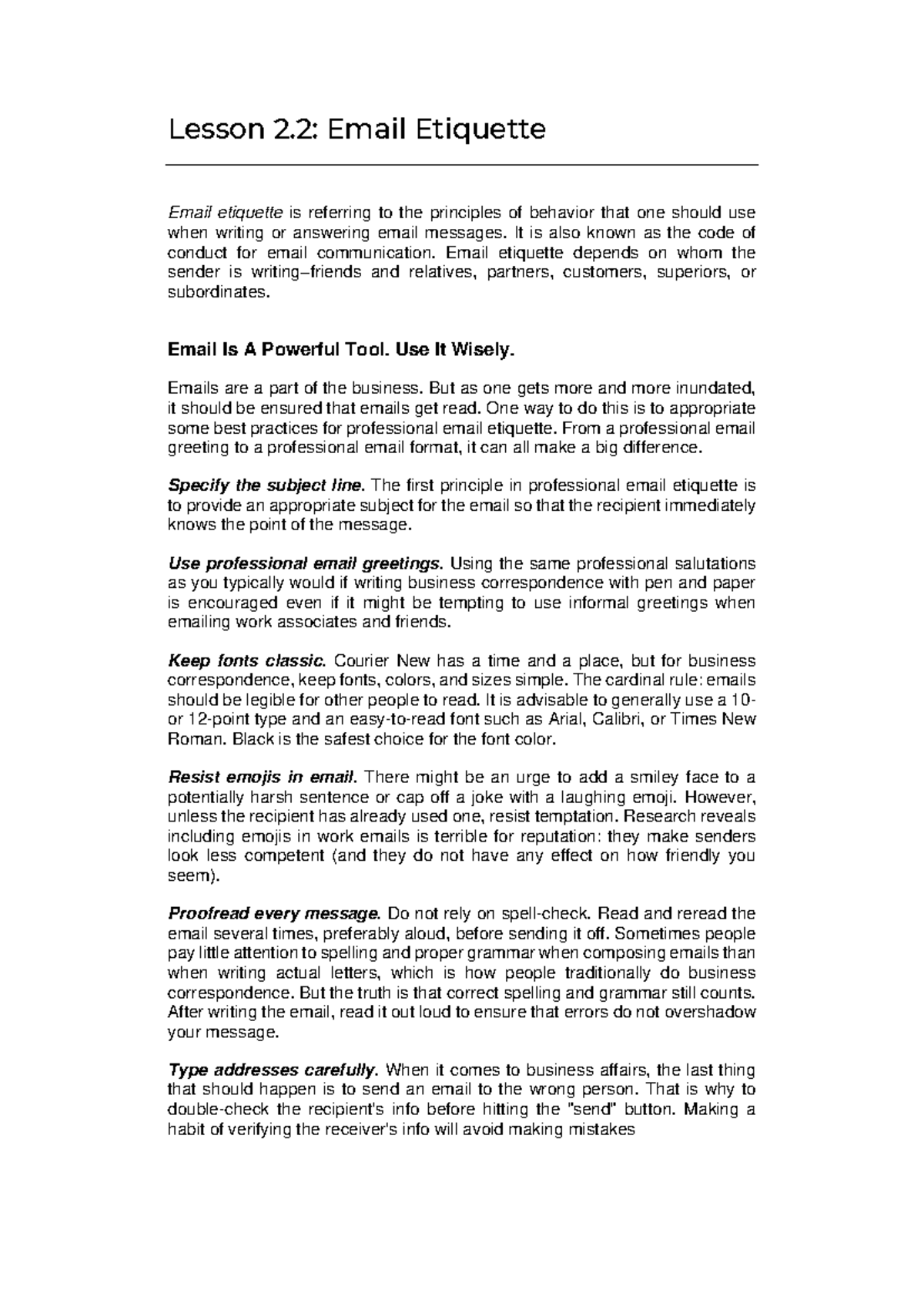 Lesson 2 - IT ERA - Lesson 2: Email Etiquette Email etiquette is ...