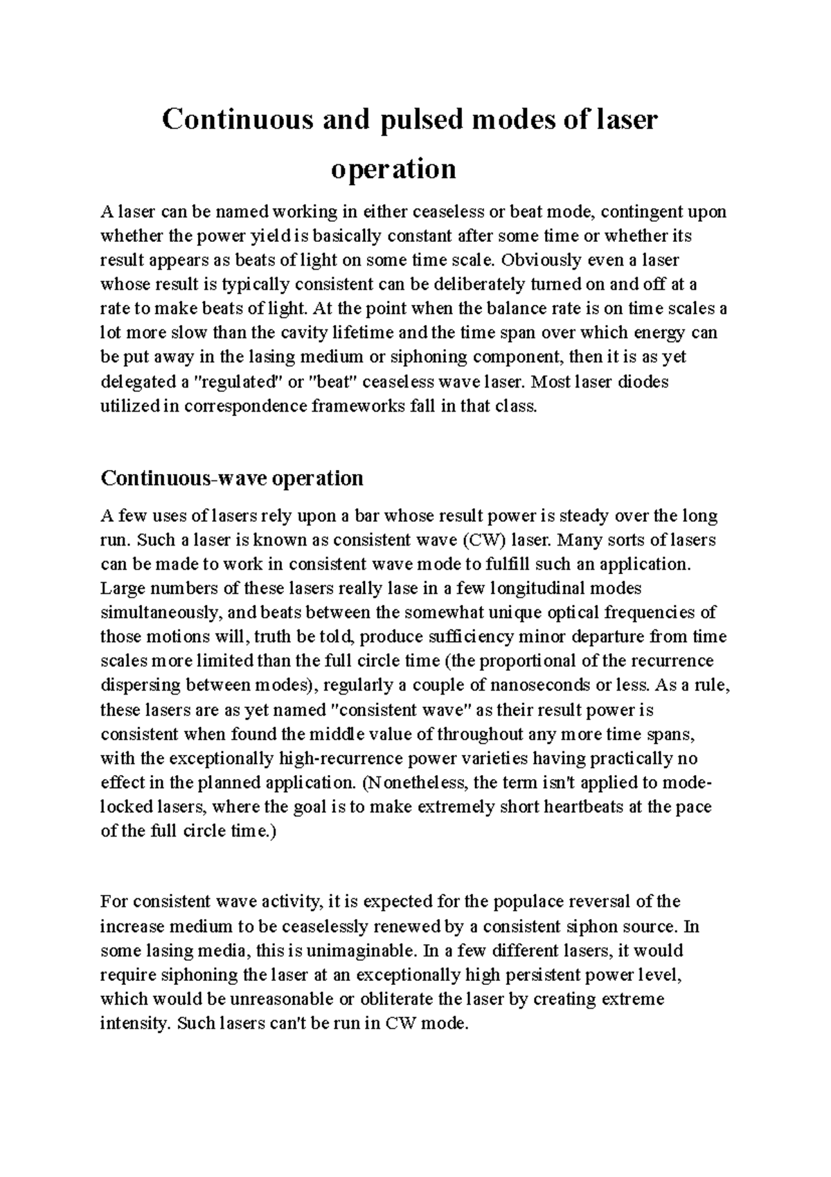 Continuous and pulsed modes of laser - Continuous and pulsed modes of ...