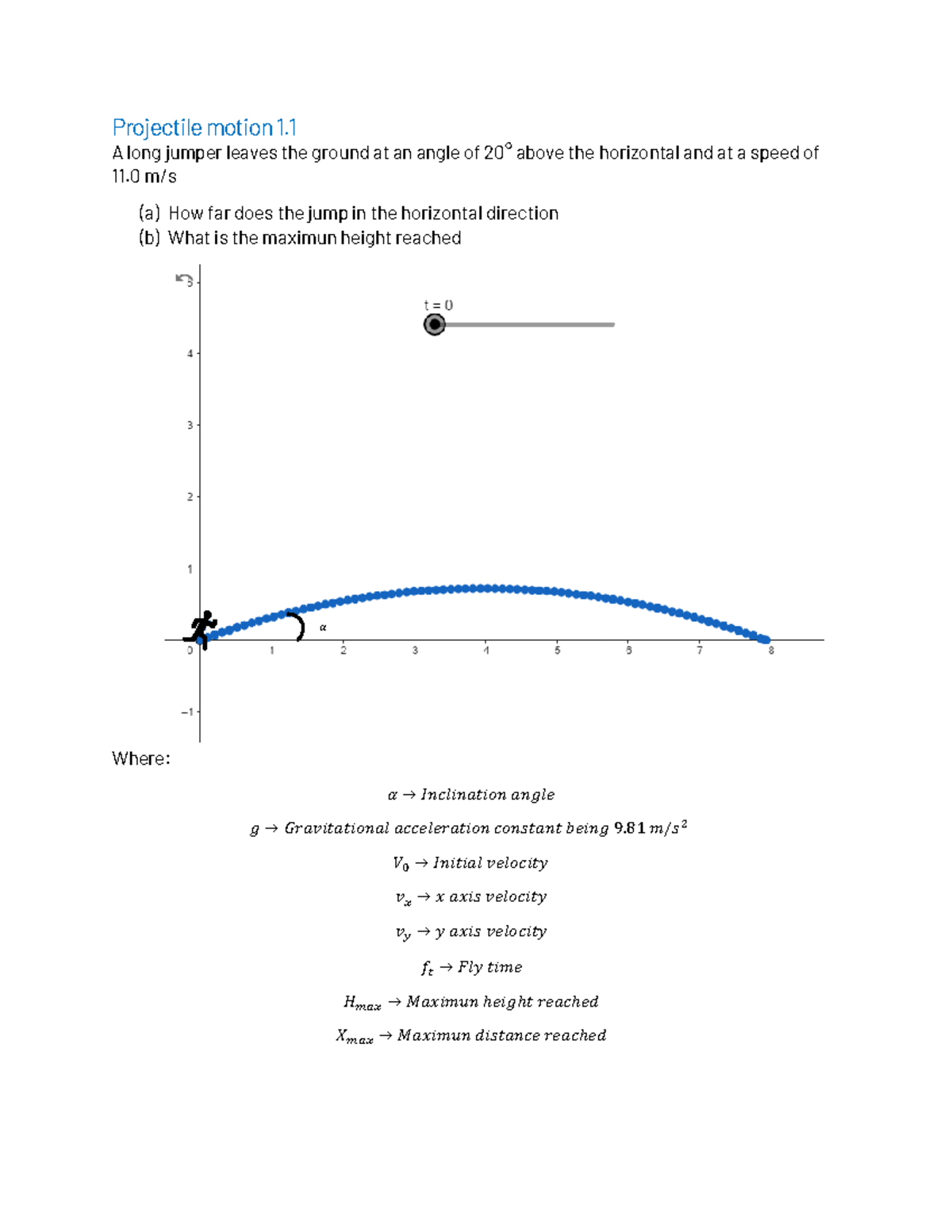 Projectile motion - A long jumper leaves the ground at an angle of 20 ...