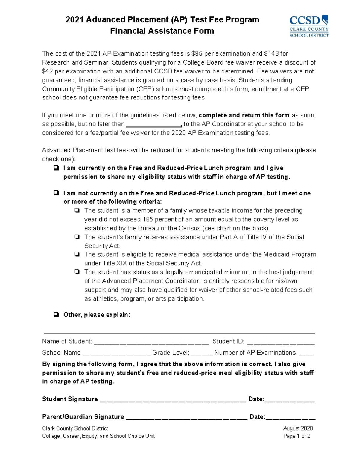 AP Fee Form - A reduced fee waiver - 2021 Advanced Placement (AP) Test ...