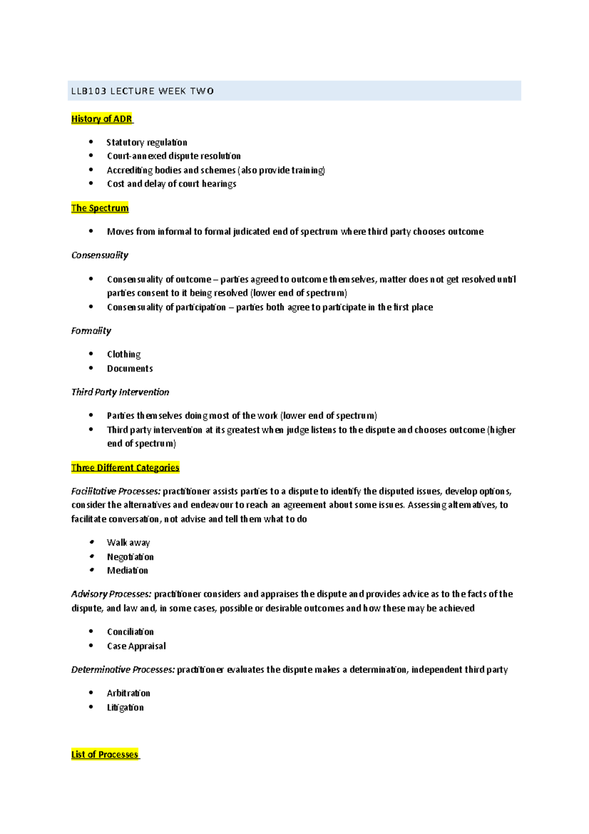 LLB103 W2 Lecture - LLB103 LECTURE WEEK TWO History of ADR Statutory ...