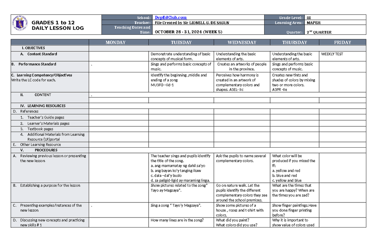 DLL Mapeh 3 Q2 W5 - NOTES - GRADES 1 to 12 DAILY LESSON LOG School ...