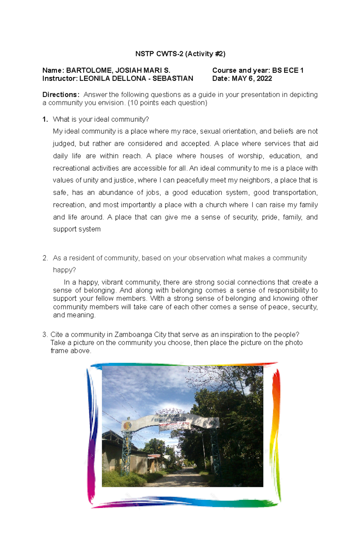 Activity 2 NSTP CWTS - NSTP CWTS-2 (Activity #2) Name: BARTOLOME ...