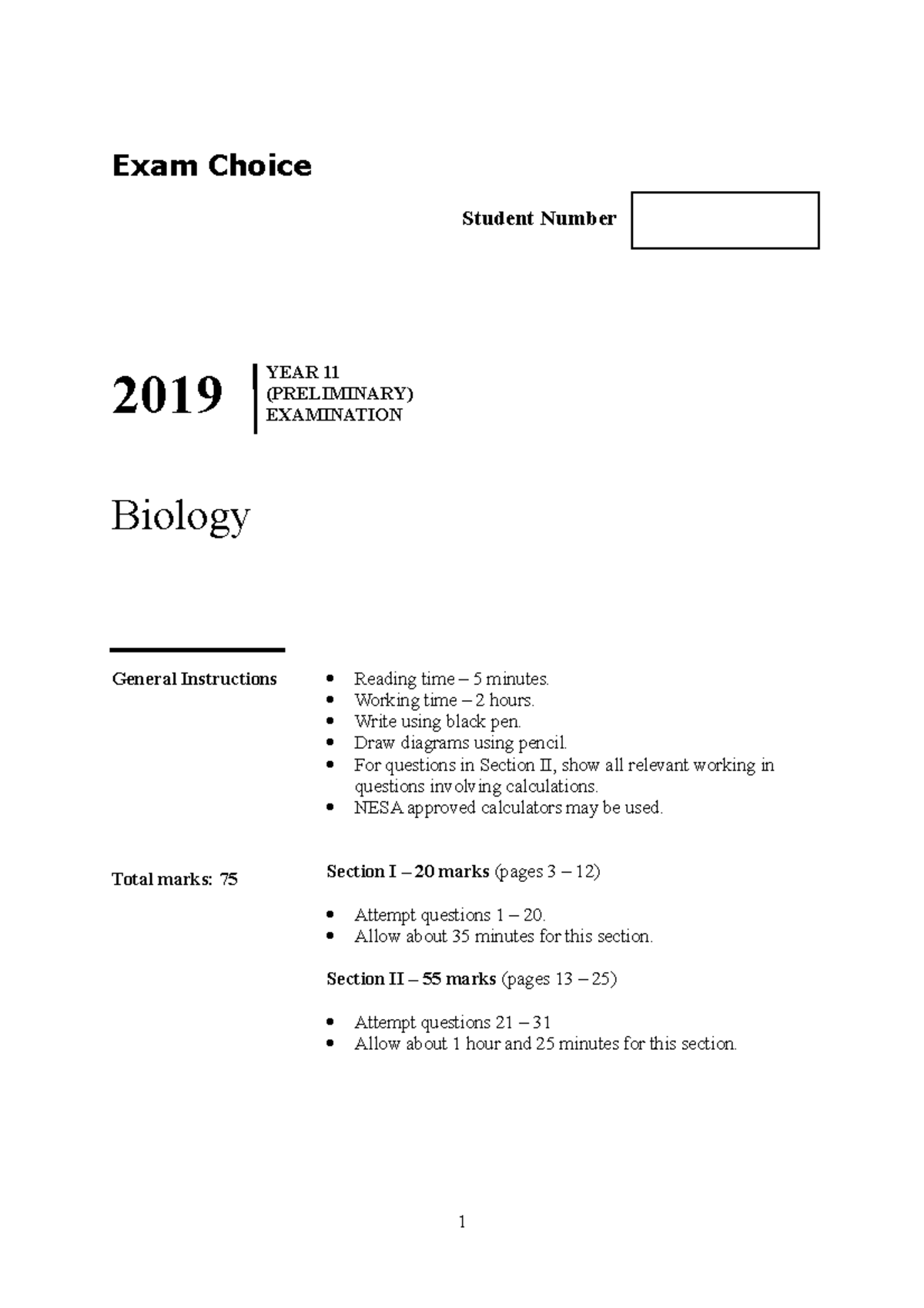 Biology Year 11 2019 Exam Choice - Exam Choice Student Number 2019 YEAR ...