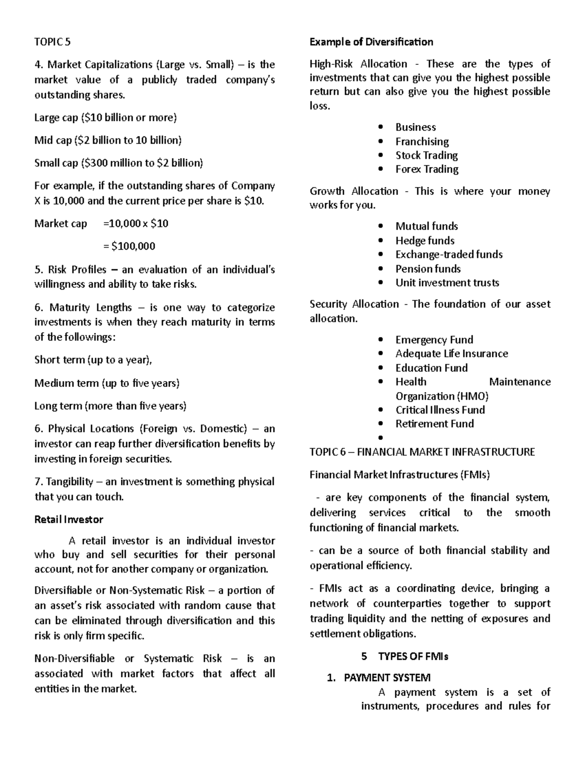 RISK Diversification - notes from financial econ - TOPIC 5 Market ...