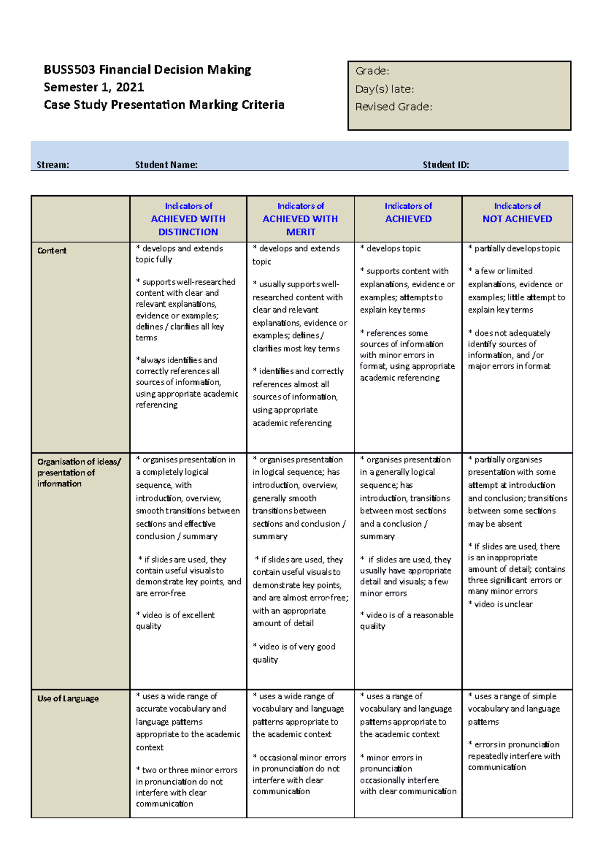 BUSS503 Assessment 2 Marking Rubric(1) - BUSS503 Financial Decision ...