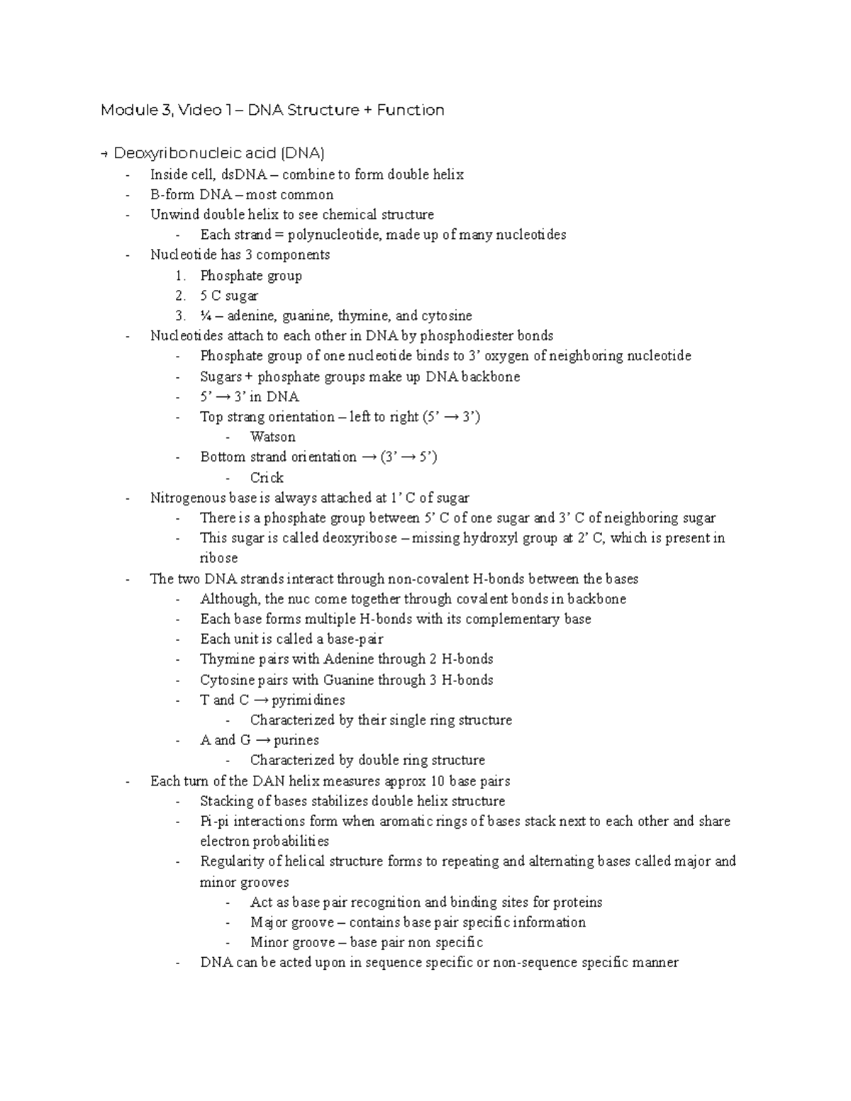 Module 3, Video 1 – DNA Structure + Function - Module 3, Video 1 – DNA ...