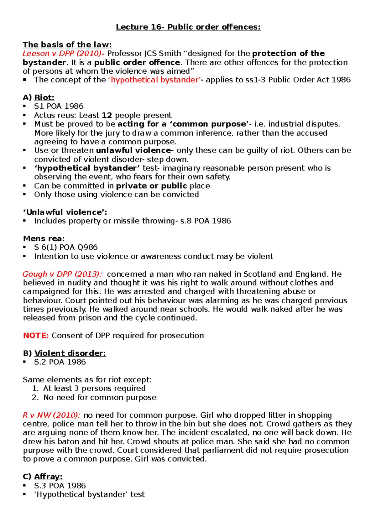 Lecture 16- public order offences - It is a public order offence. There ...