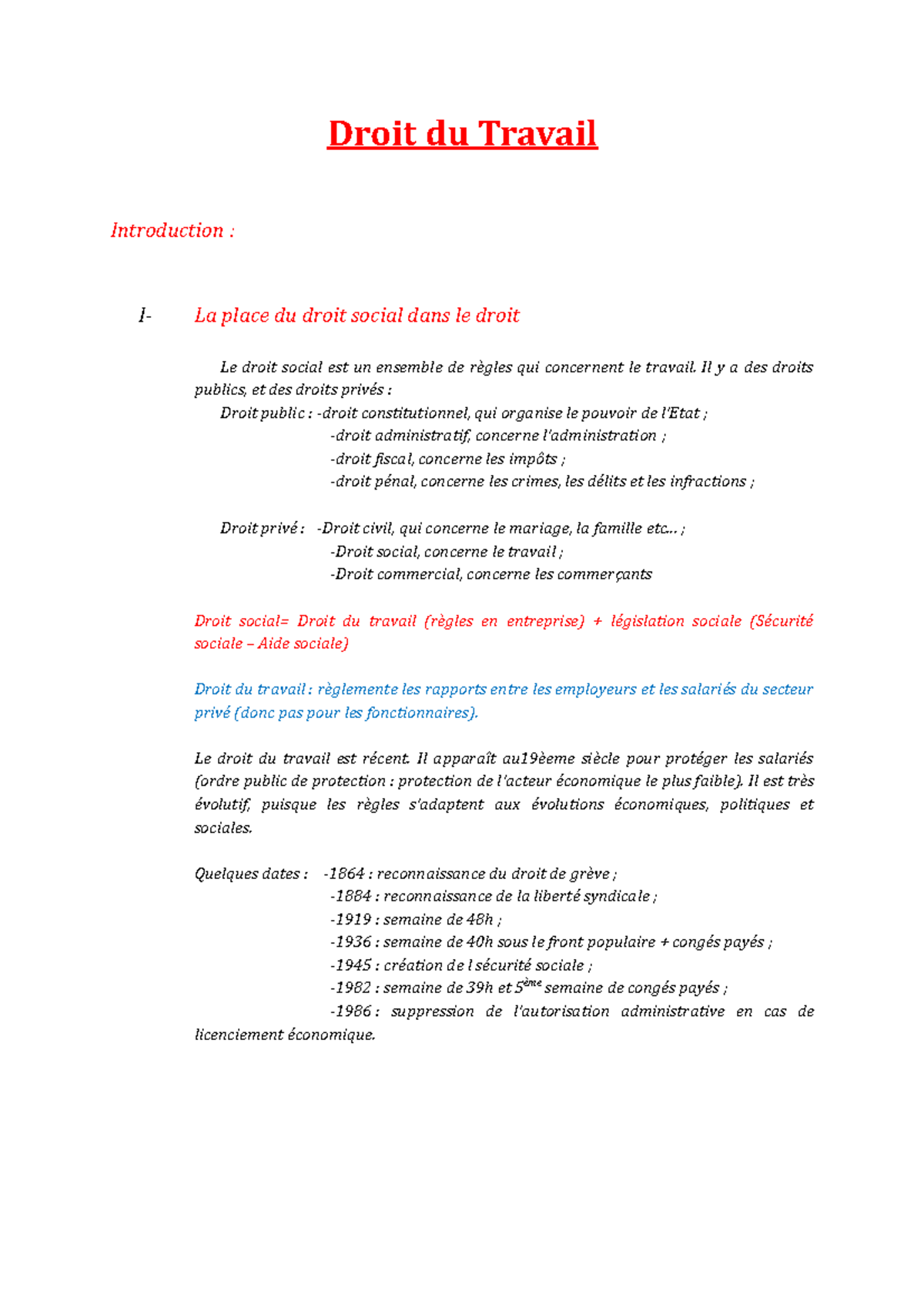 CM Droit du Travail - Droit du Travail Introduction : I- La place du ...