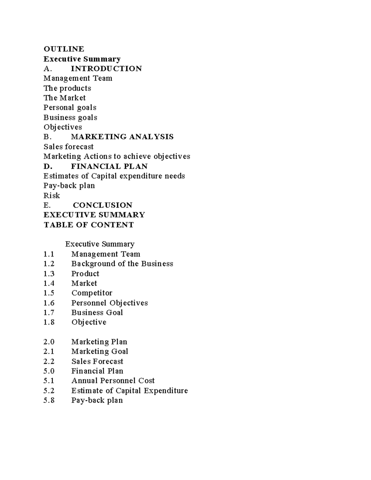 Provision business plan - OUTLINE Executive Summary A. INTRODUCTION ...