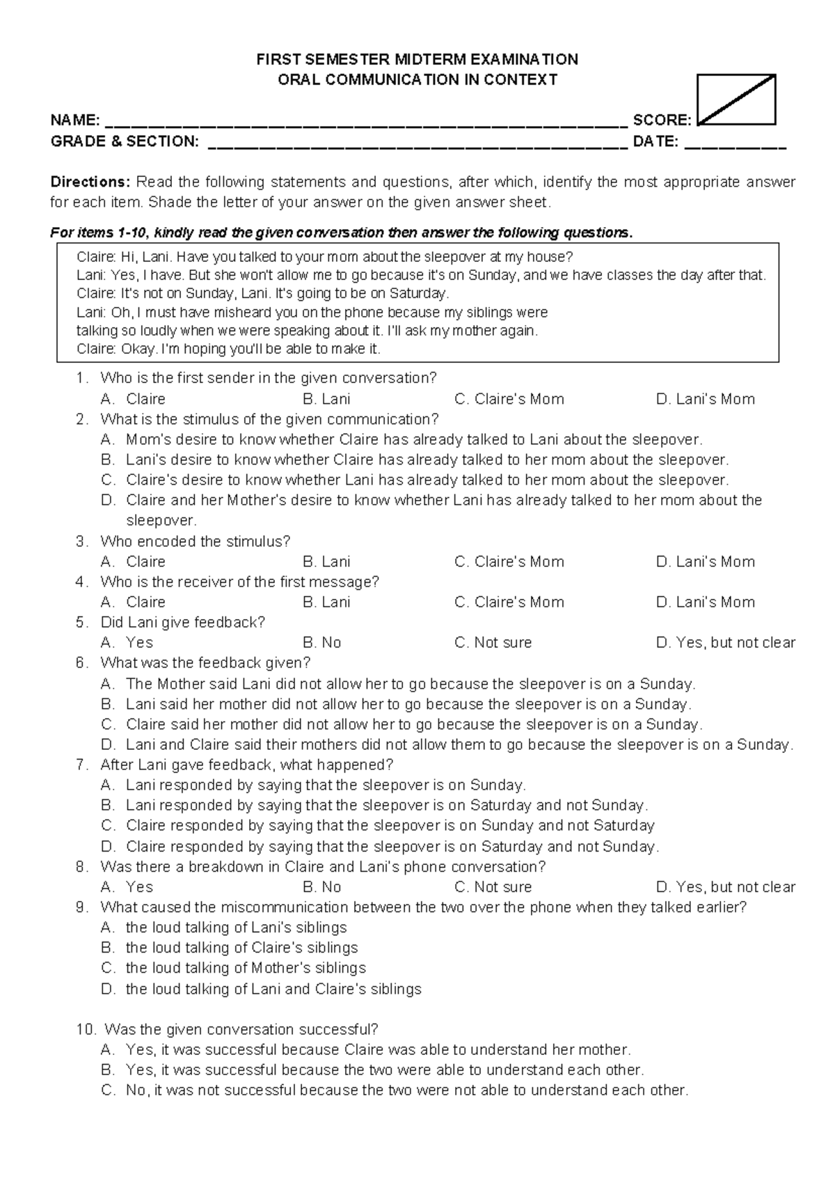 Q1 TQ Oralcom - test question - FIRST SEMESTER MIDTERM EXAMINATION ORAL ...