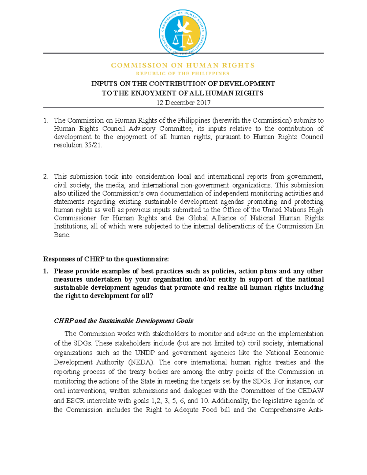 CHR Philippines - Notes - INPUTS ON THE CONTRIBUTION OF DEVELOPMENT TO ...