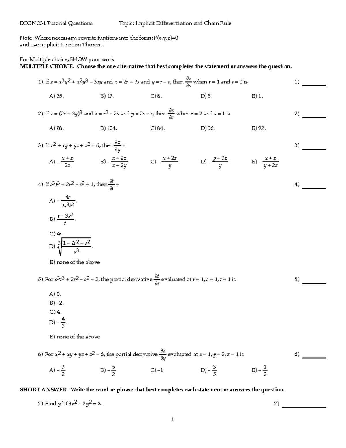 Practice questions chain rule - ECON 331 Tutorial Questions Topic ...