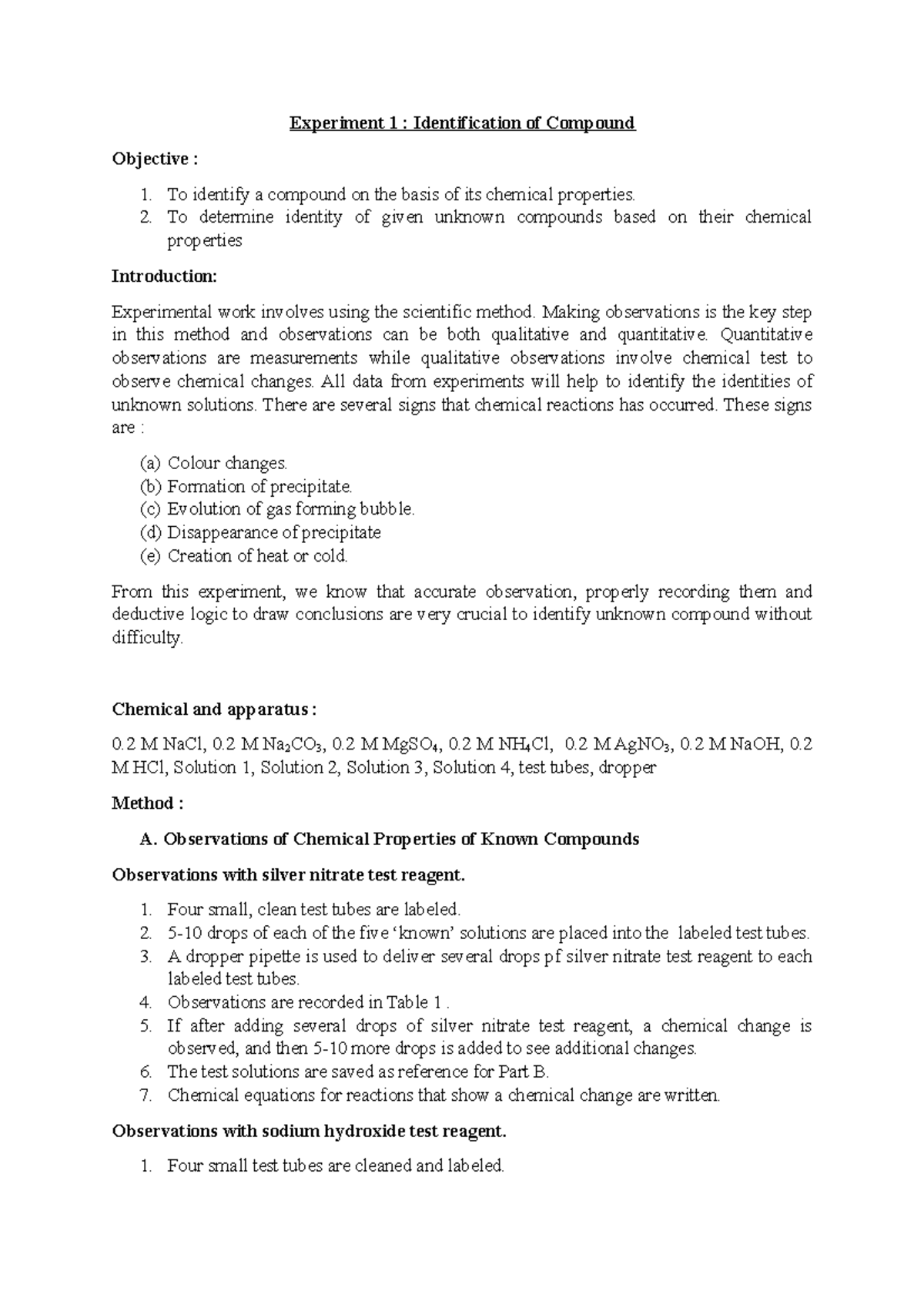CHM420 Laboratory Report Experiment 1 - Experiment 1 : Identification ...