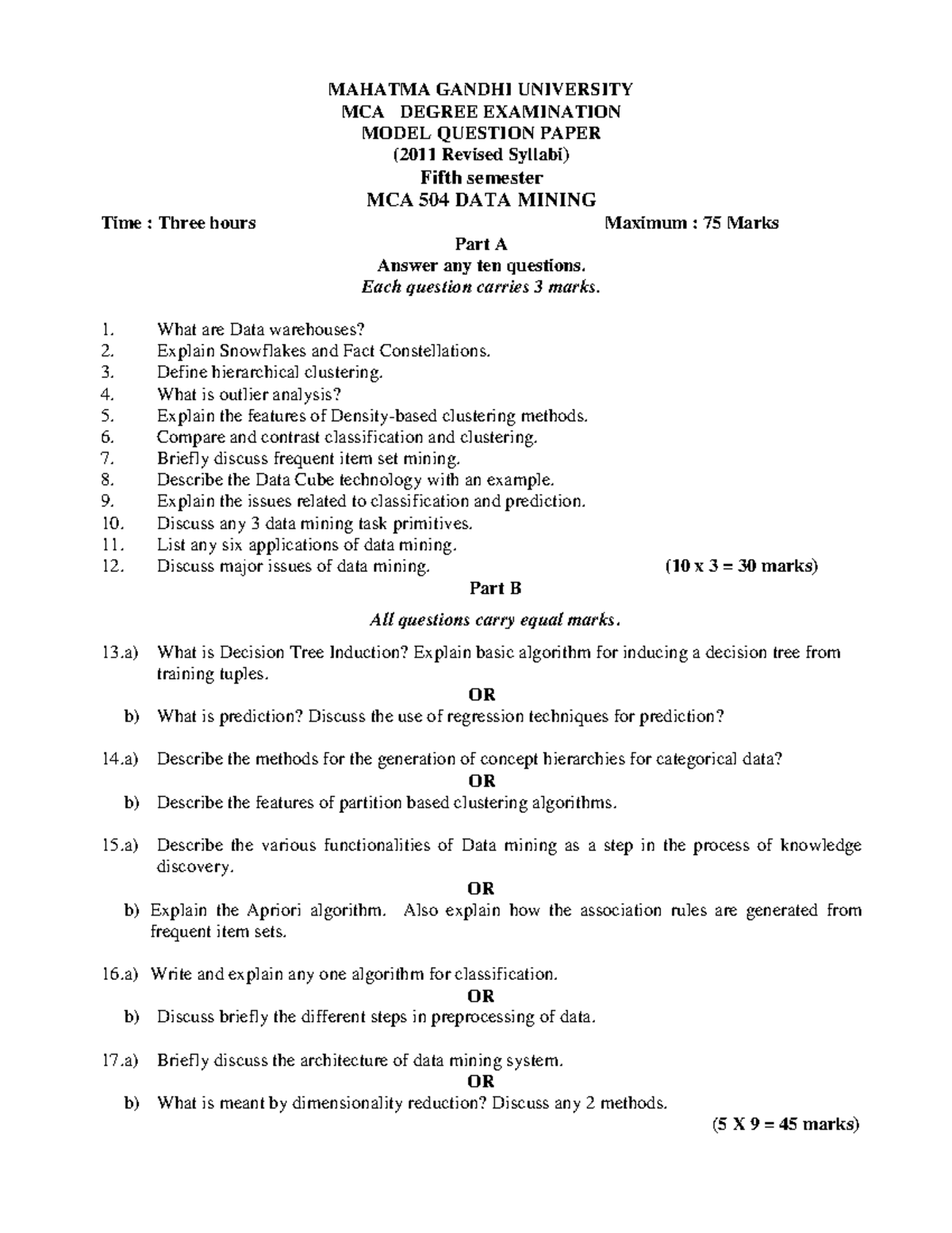 MCA504-Data Mining - 7juh - MAHATMA GANDHI UNIVERSITY MCA DEGREE EXAMINATION MODEL QUESTION ...