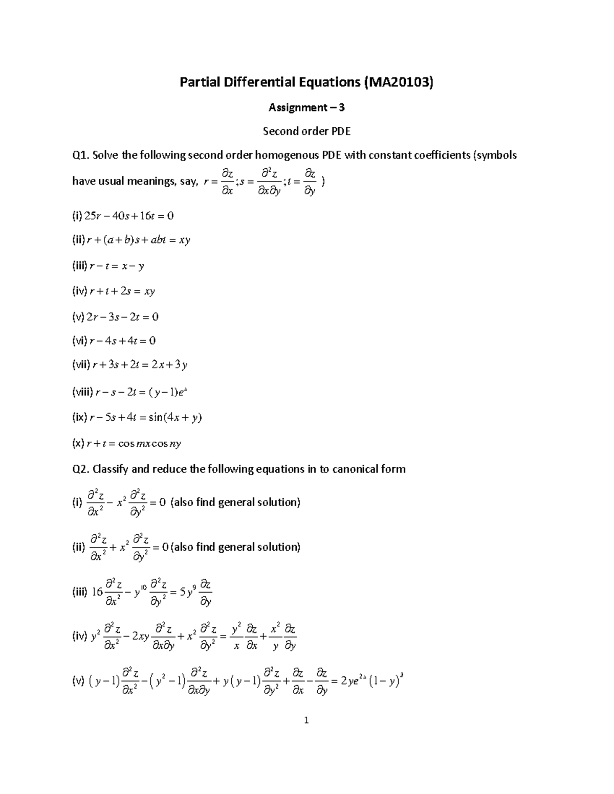 PDE-Asgn3 - Practice tutorial shared by professor - 1 Partial Differential Equations (MA20103 ...