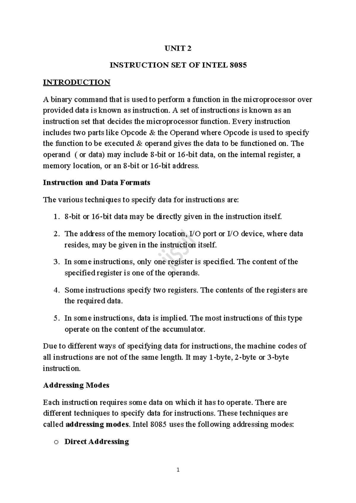 UNIT 2 - UNIT 2 INSTRUCTION SET OF INTEL 8085 INTRODUCTION A binary command that is used to ...