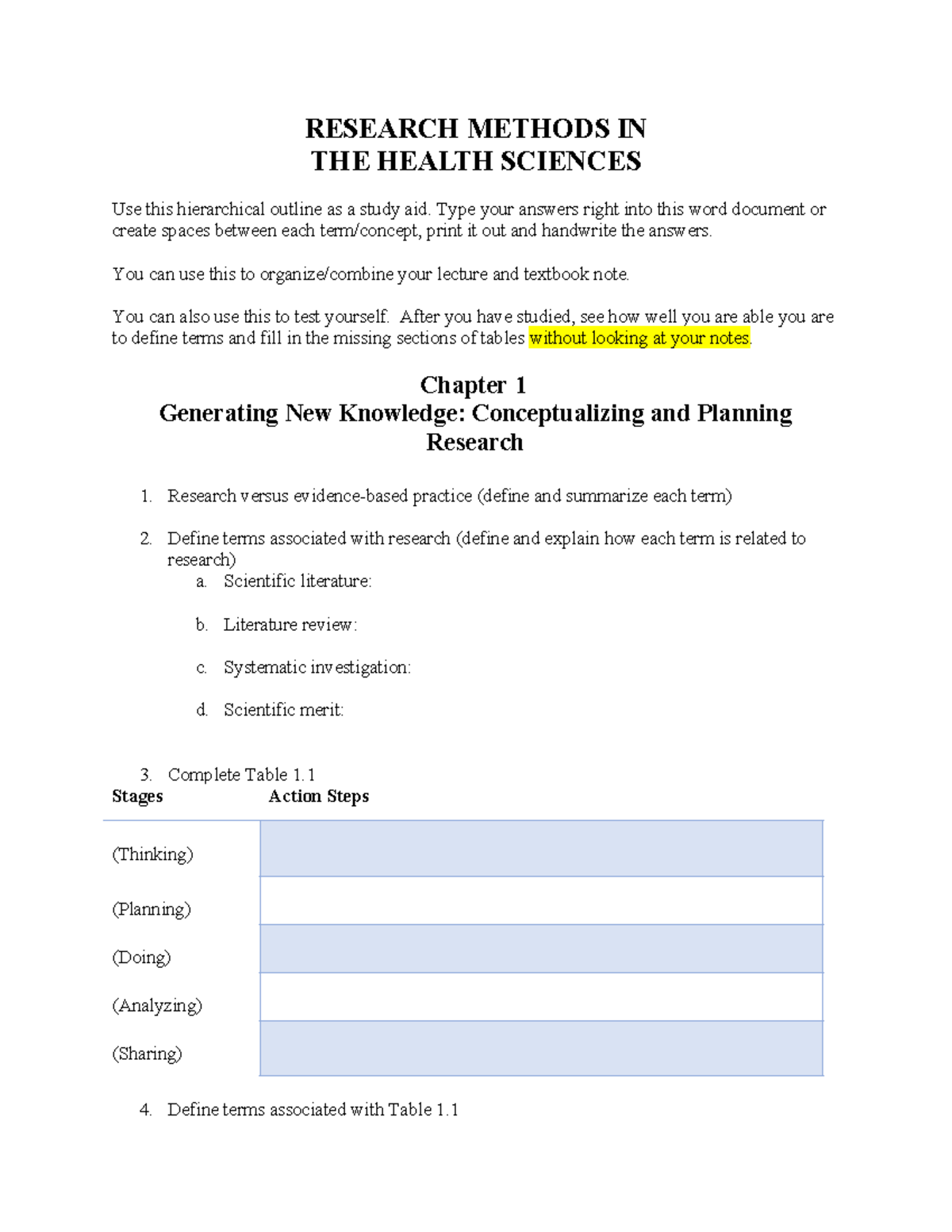 HAN Study guide - RESEARCH METHODS IN THE HEALTH SCIENCES Use this ...