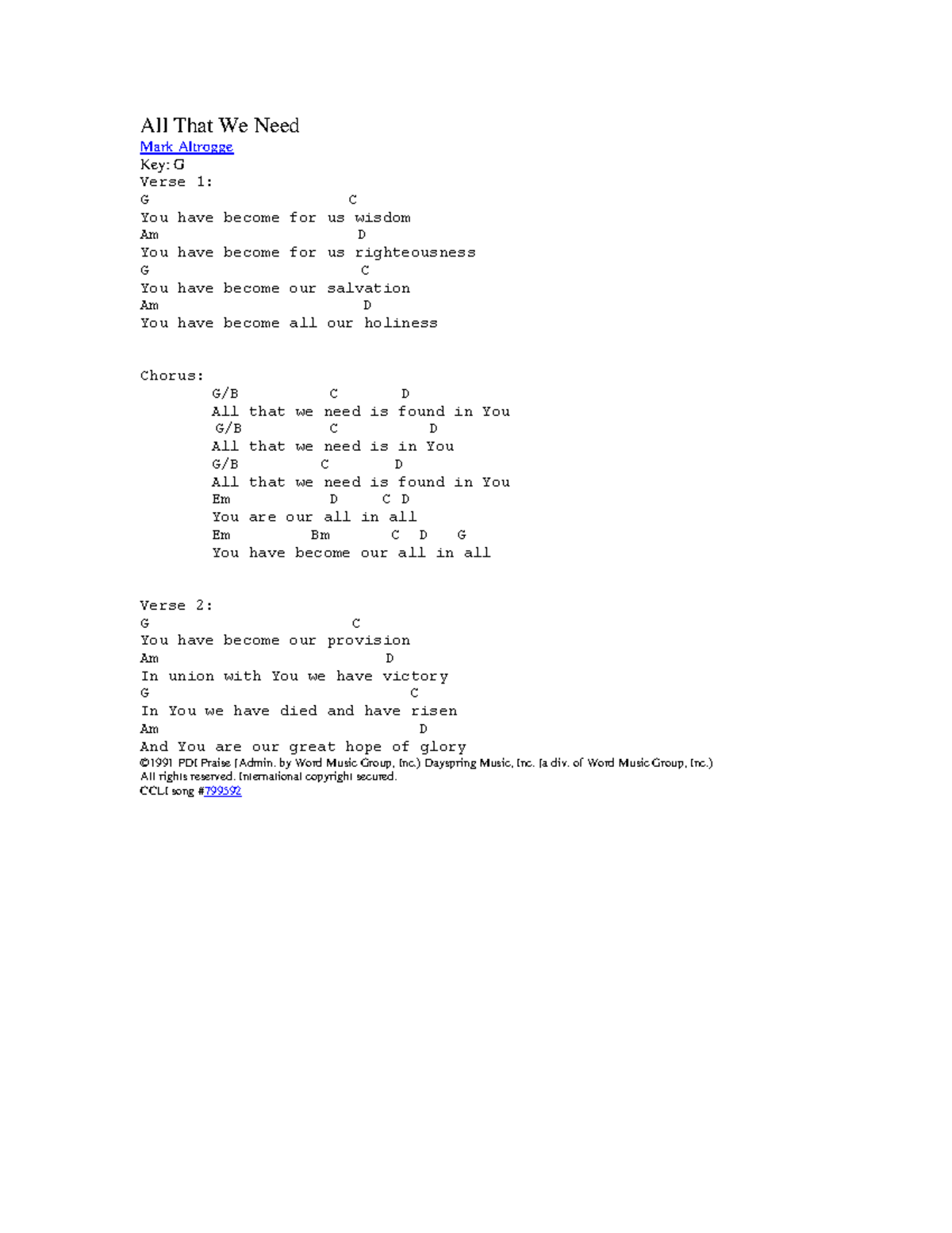 All That We Need - procurement - All That We Need Mark Altrogge Key: G ...