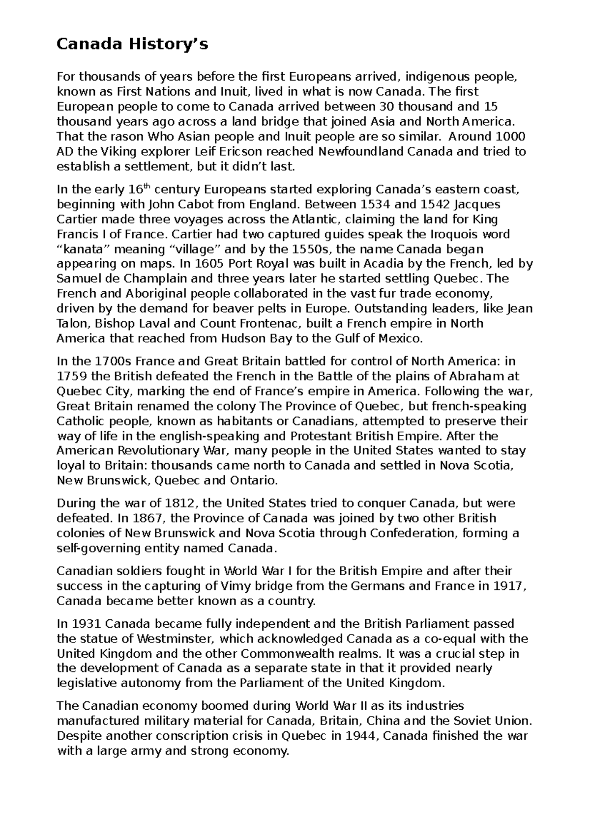 Canada History’s, breve progetto sulla storia del Canada - For ...