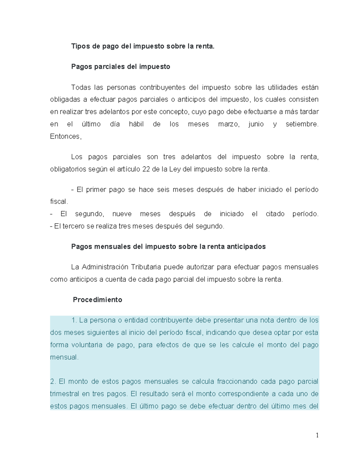 Impuesto Sobre LA Renta Modelo Resumen Ejecutivo - Tipos de pago del impuesto sobre la renta ...