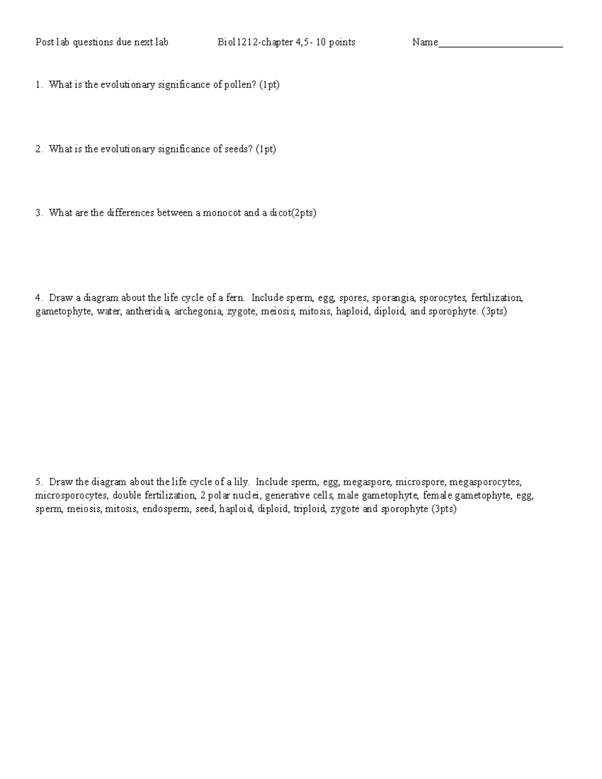 Postlab assignment - plants - Post lab questions due next lab Biol1212 ...