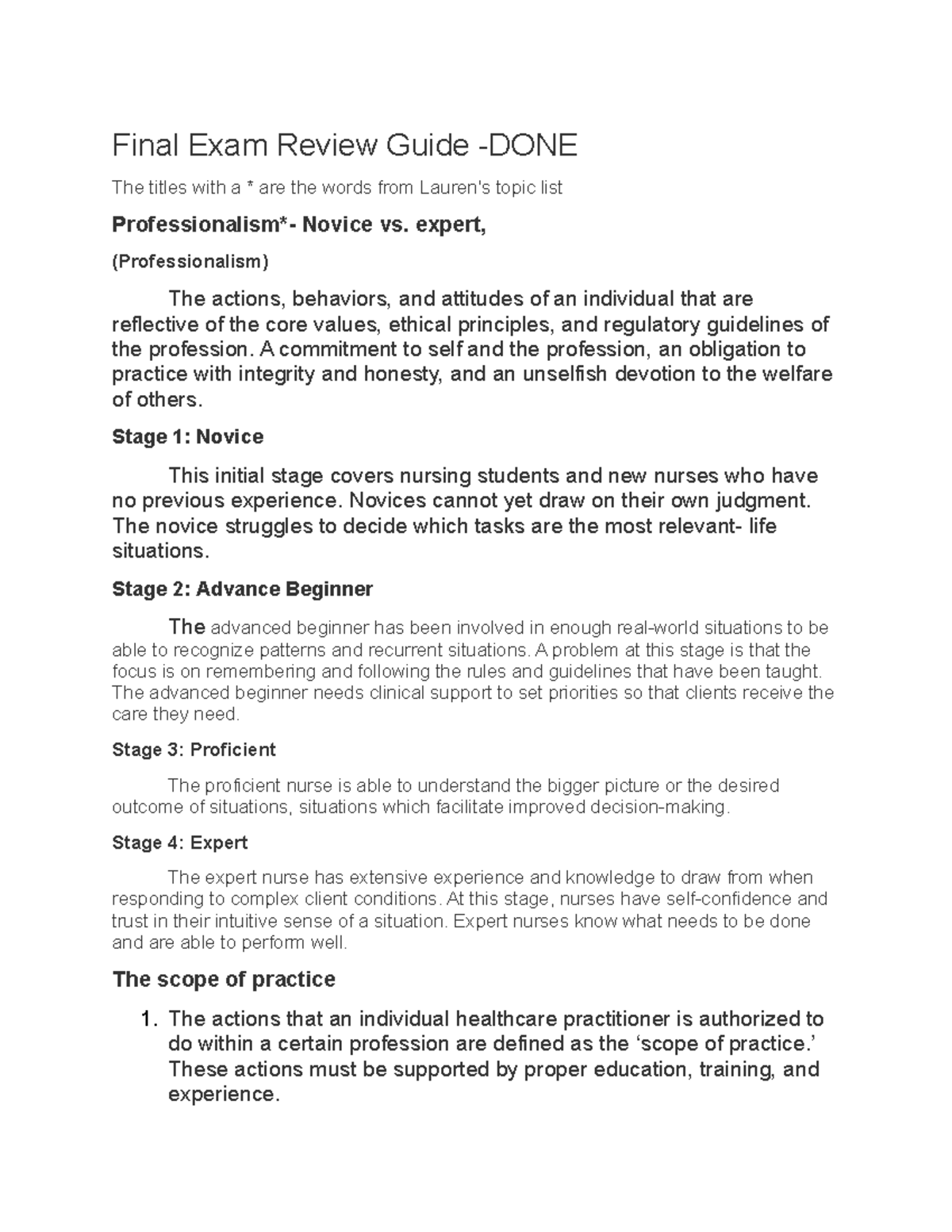 Final Exam Review Guide - expert, (Professionalism) The actions ...