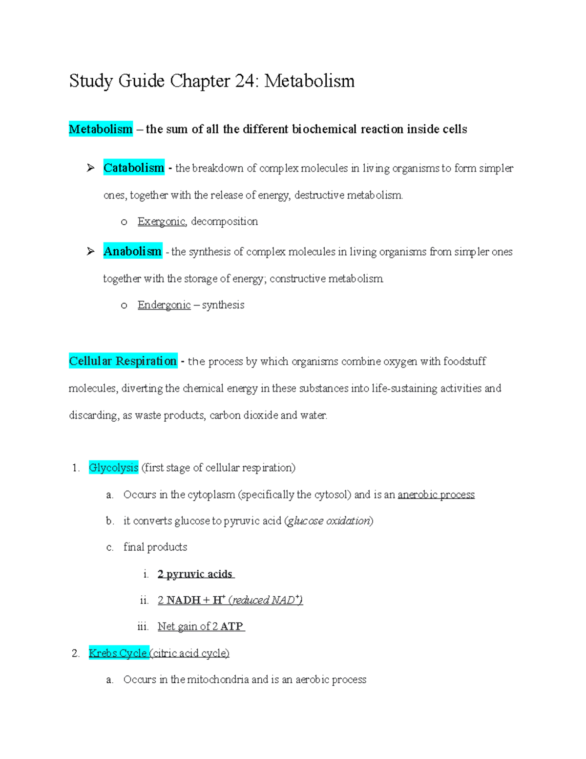 Study Guide Chapter 24 - o Exergonic , decomposition Anabolism - the synthesis of complex - Studocu