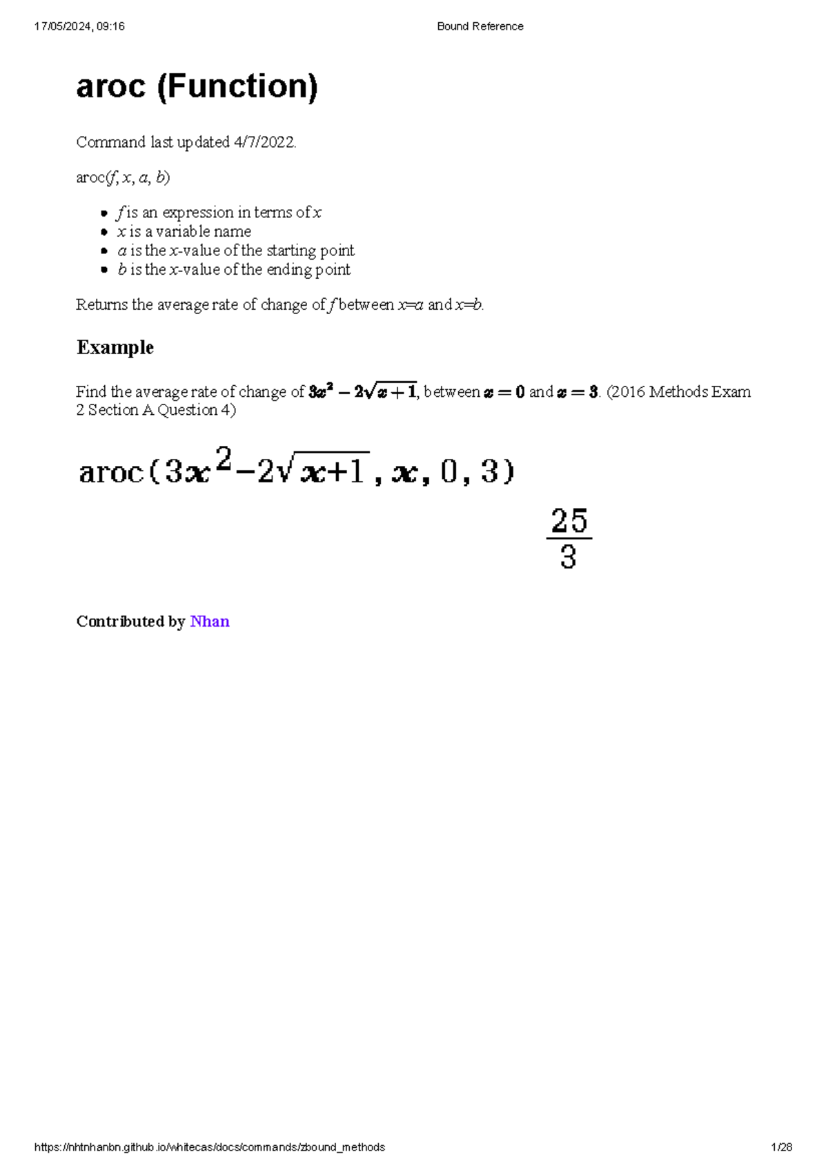 Bound Reference - aroc (Function) Command last updated 4/7/2022. aroc(f ...