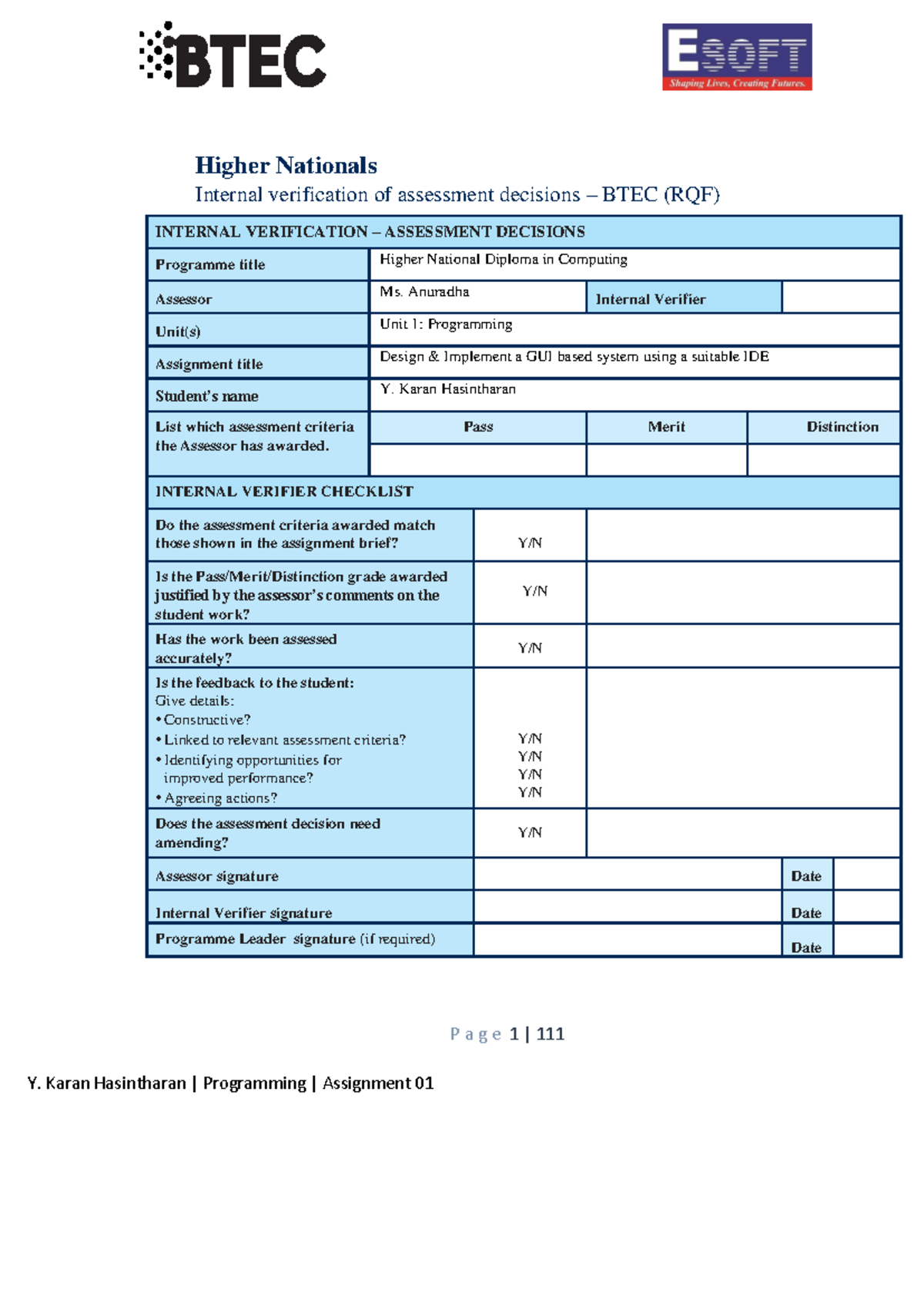 Unit-01 Programming Assignment - P a g e 1 | 111 Higher Nationals Internal verification of - Studocu