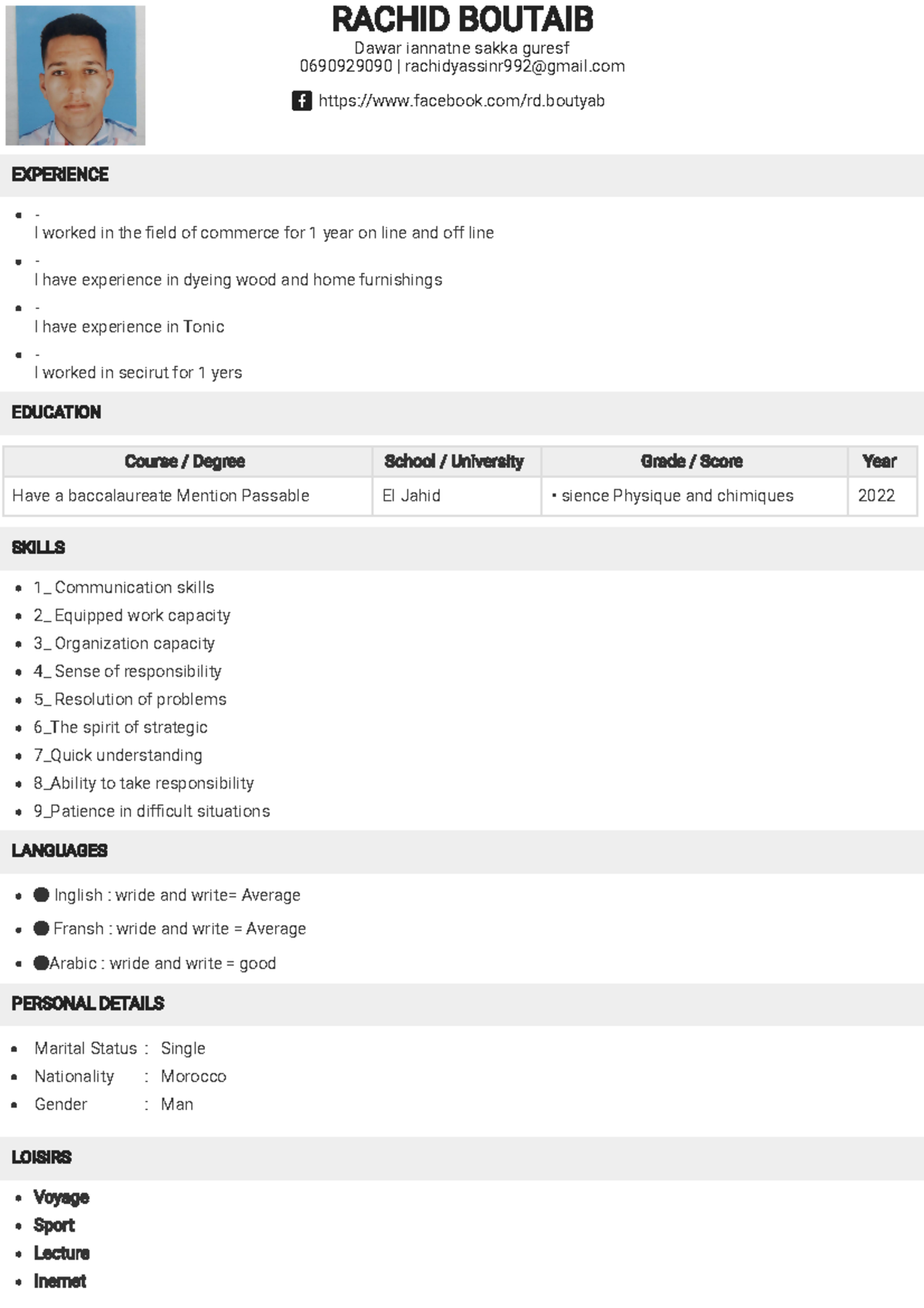 Cv - Observation - RACHID BOUTAIB Dawar iannatne sakka guresf ...
