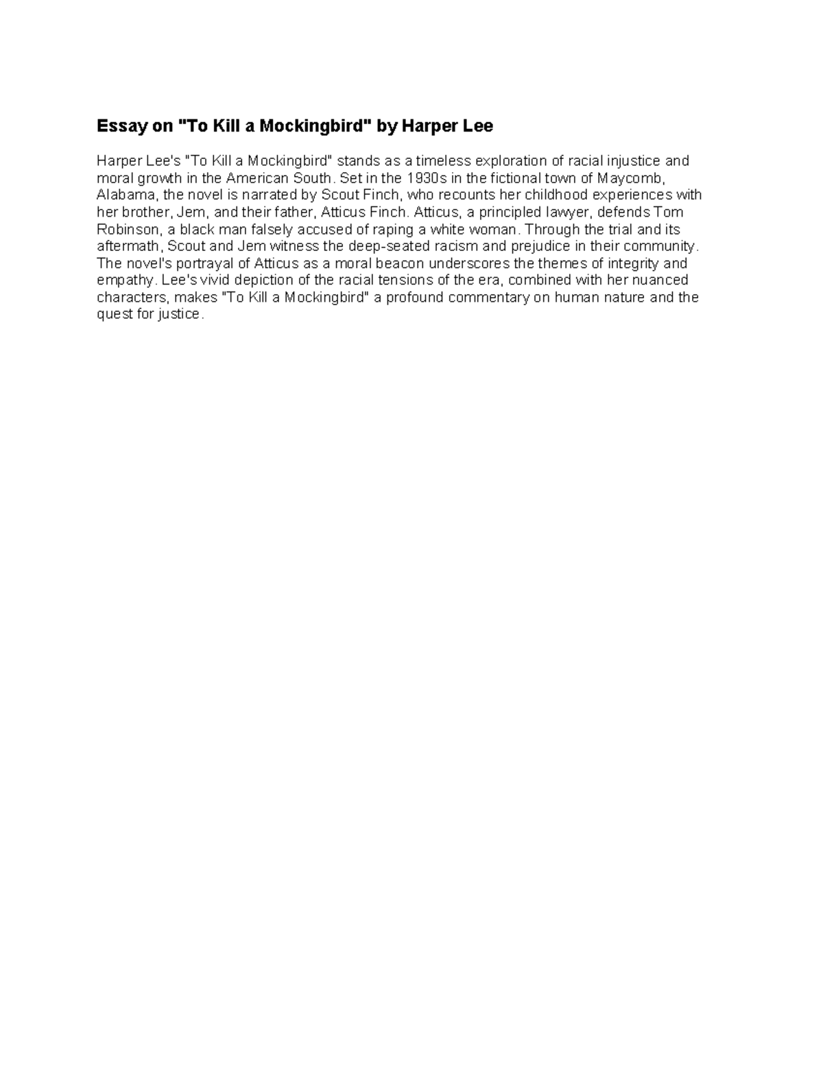 Week 1 Essay - Essay on "To Kill a Mockingbird" by Harper Lee Harper ...