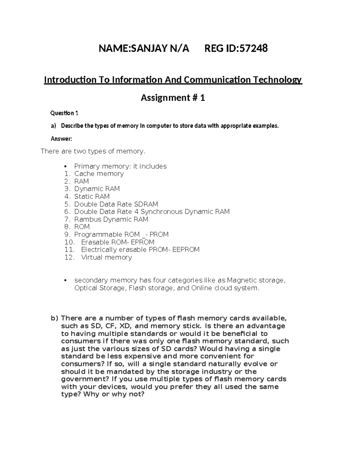 IICT Assignment 1 - NAME:SANJAY N/A REG ID: Introduction To Information And Communication ...